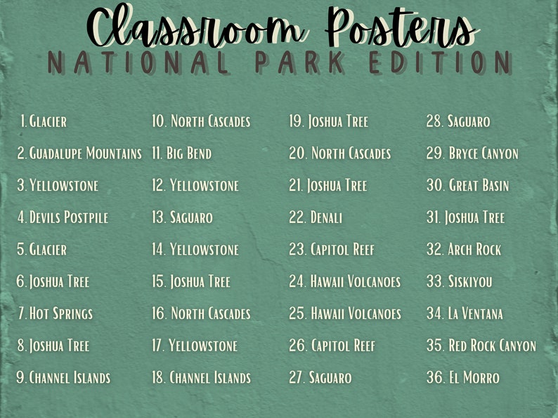 National Park Posters | Set of 36 | 8.5 X 11 Printable Classroom Decor ...