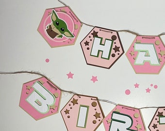 Baby Yoda Girly Pink Birthday Banner, Baby Yoda Birthday Decor, Star ...