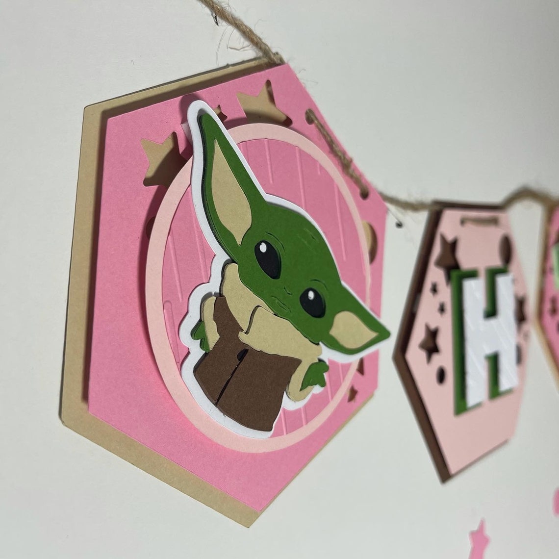 Baby Yoda Girly Pink Birthday Banner, Baby Yoda Birthday Decor, Star ...
