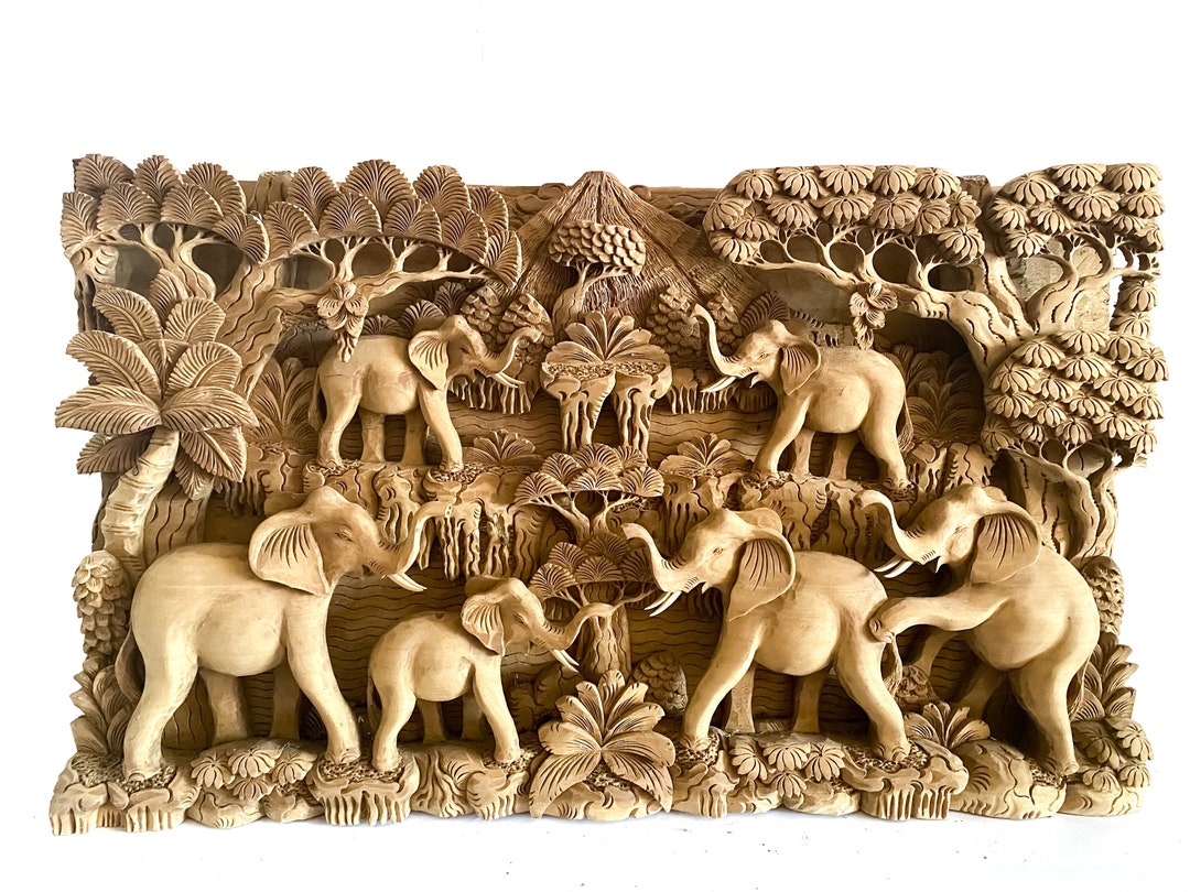 Wooden Elephant Wall Decor 25 Inch, Handmade Wood Carving Elephant Art ...