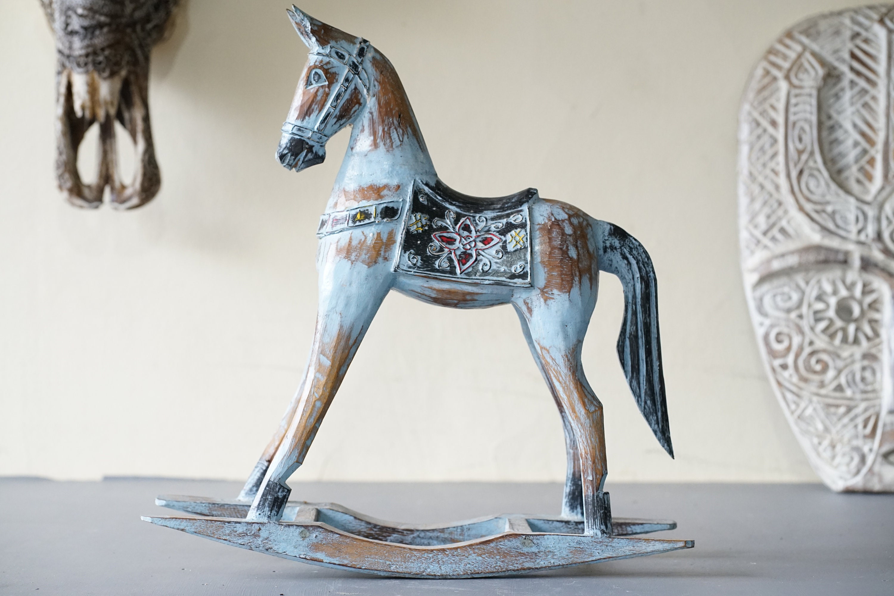 Wooden Rocking Horse Antique Blue Color, Horse Gifts Art, Rocking Horse ...