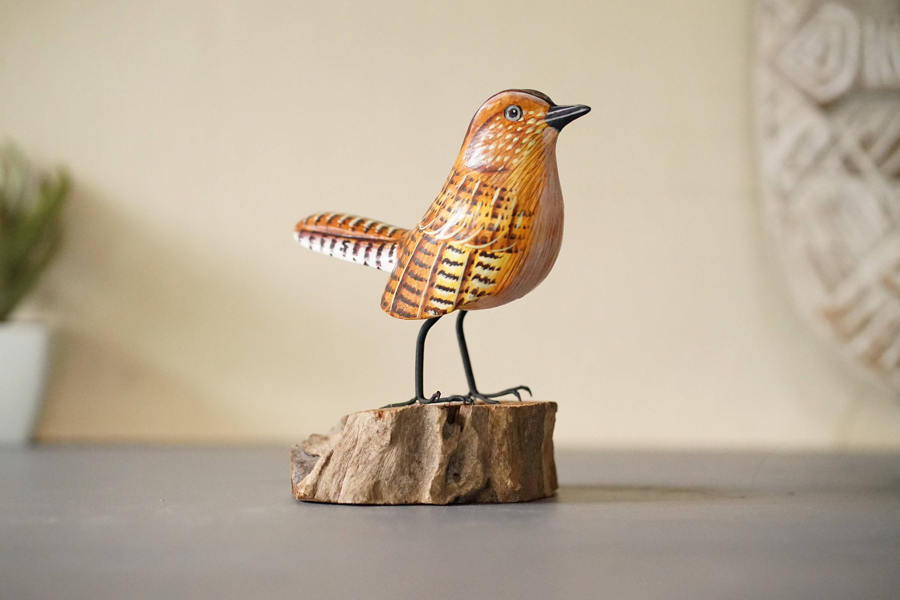 Wooden Brown Finch Bird Figurine, Colorful Finch, Wood Carving Bird ...