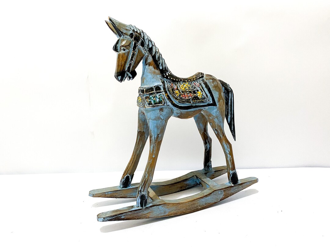 Wooden Rocking Horse Vintage Blue Color, Christmas Gifts, Horse Art ...