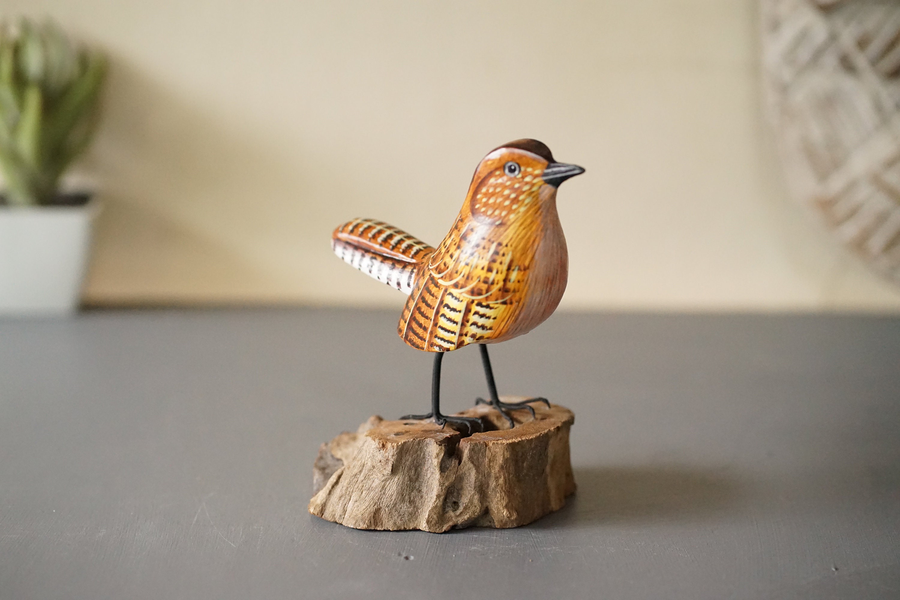 Wooden Brown Finch Bird Figurine, Colorful Finch, Wood Carving Bird ...