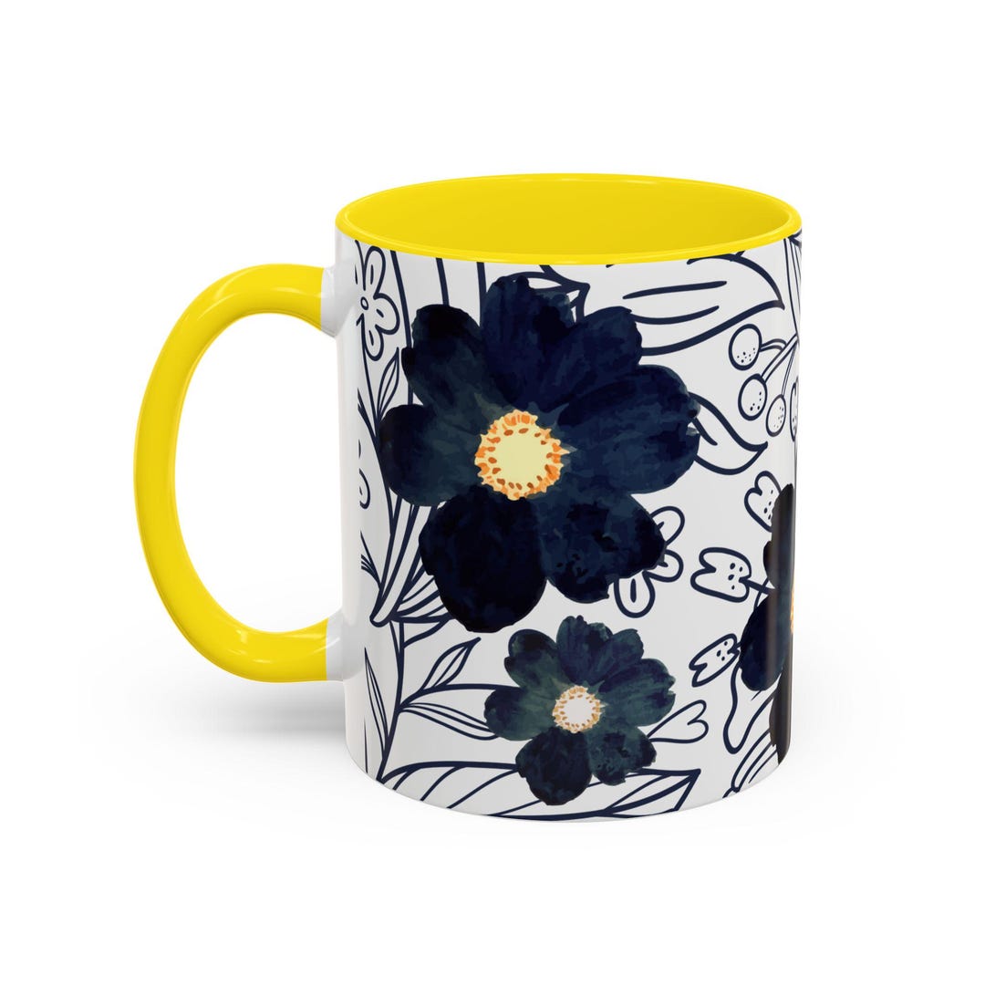 Floral Accent Coffee Mug, Blue and Yellow - Etsy