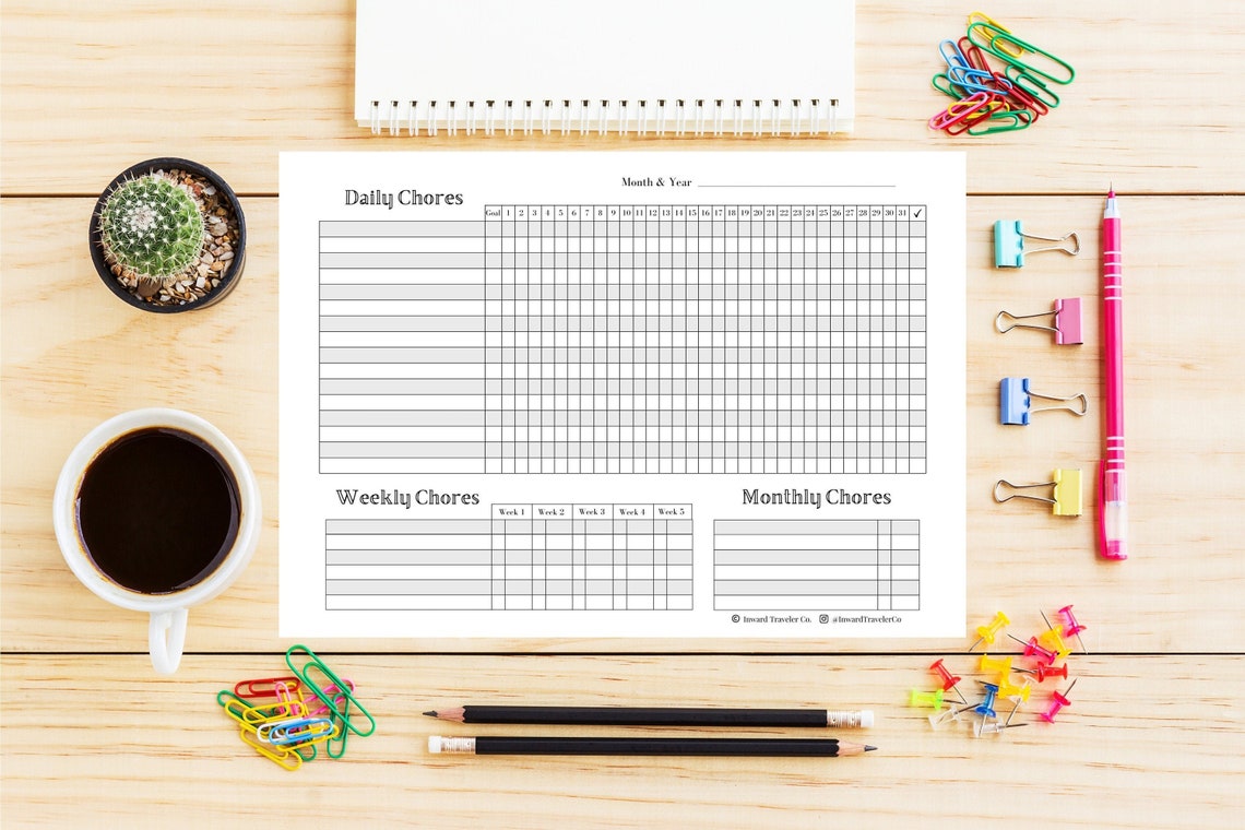 Printable CHORE CHART B&W, Printable Family Chores Tracker, Family ...