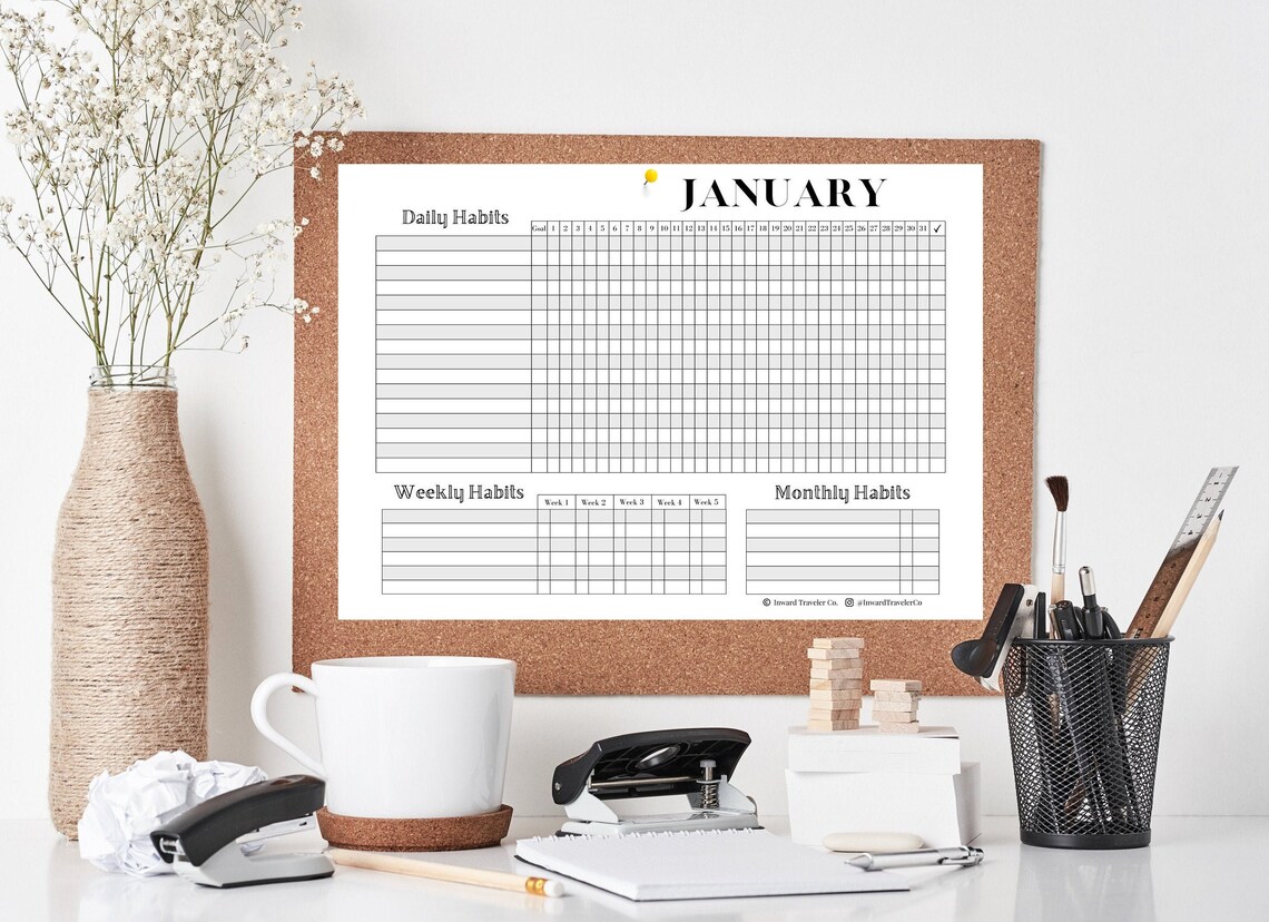 12 Month Printable HABIT TRACKER B&W, 365 Habit Tracker, Printable ...