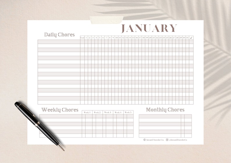 12 Month Printable CHORE CHART Beige, Family Chore Chart, 365 Daily ...