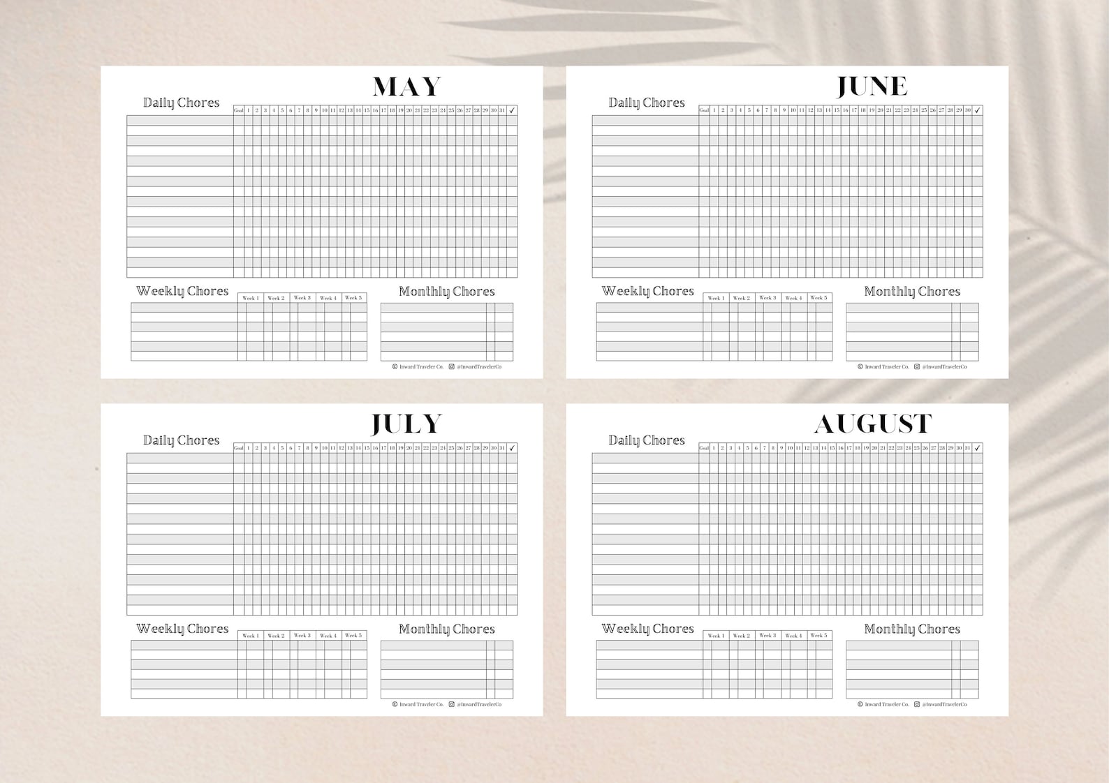 12 Month Printable CHORE CHART B&W, Printable Black and White Chore ...