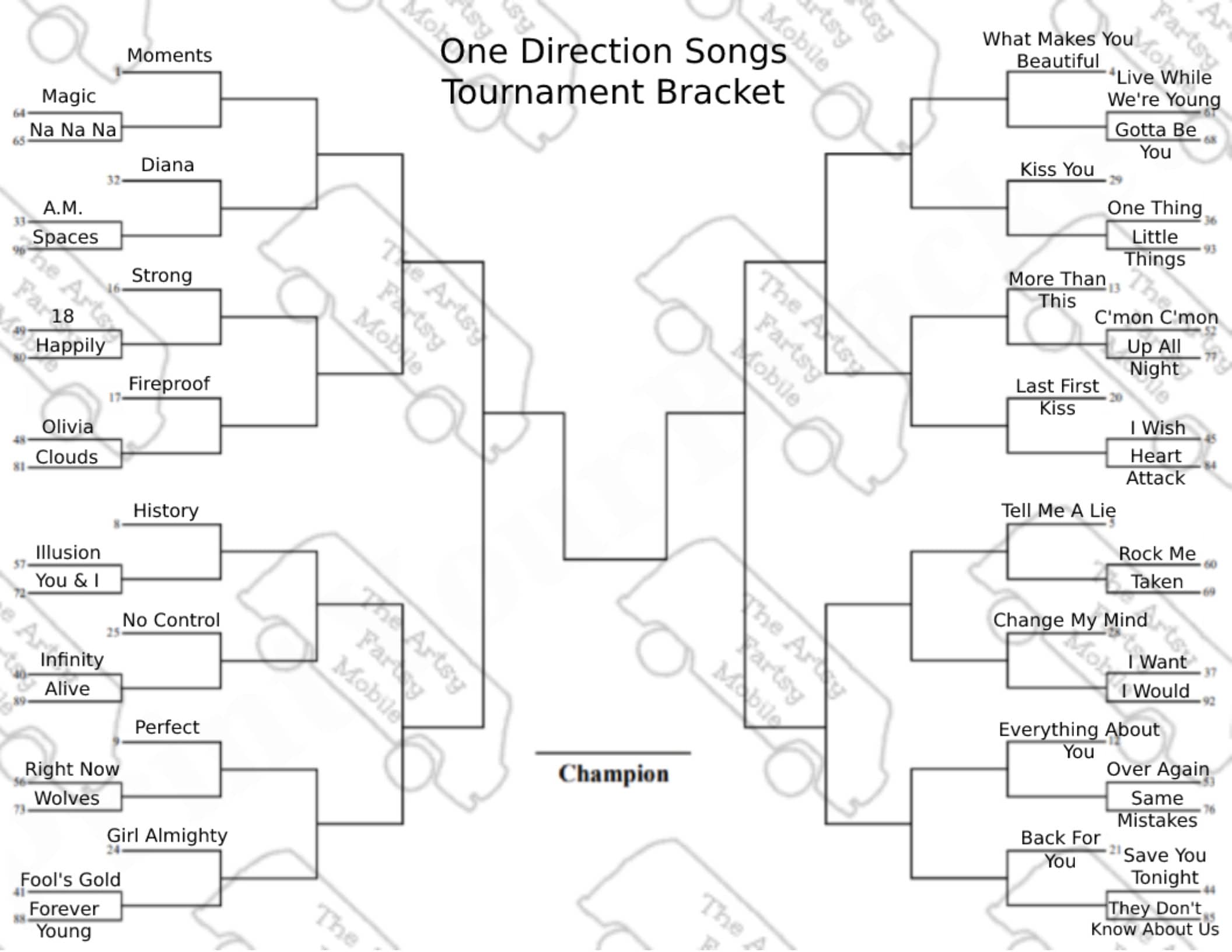 One Direction Songs Tournament Bracket - Etsy