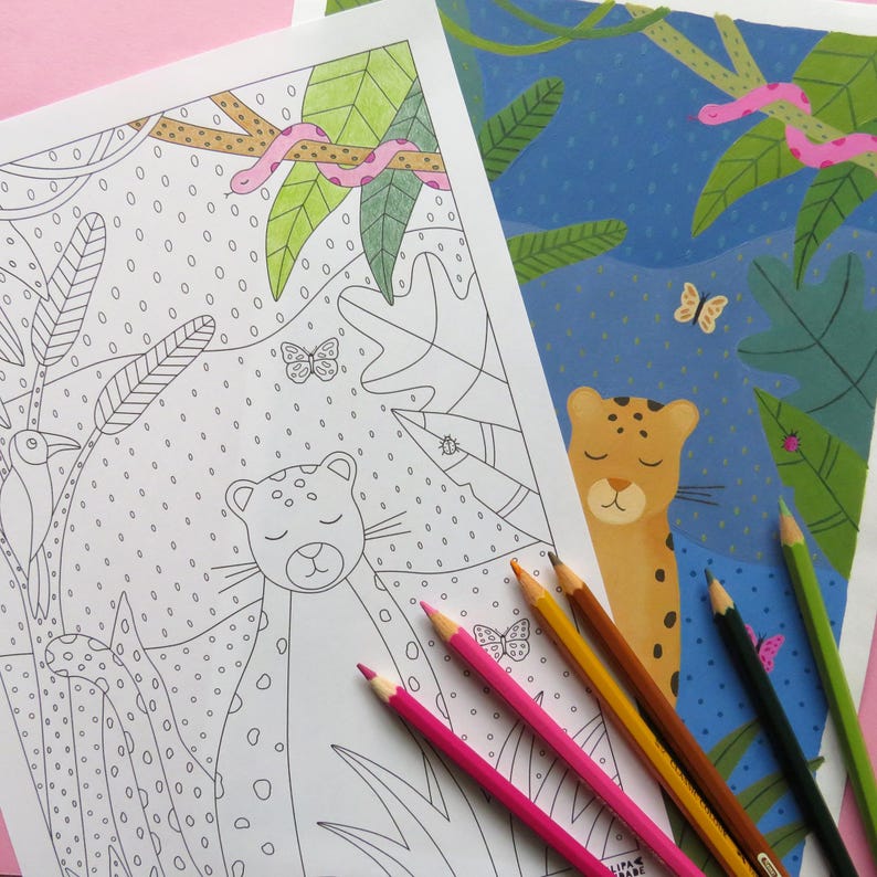 Tropical Rainforest Coloring Page, Jaguar Coloring Drawing, A4 PDF ...