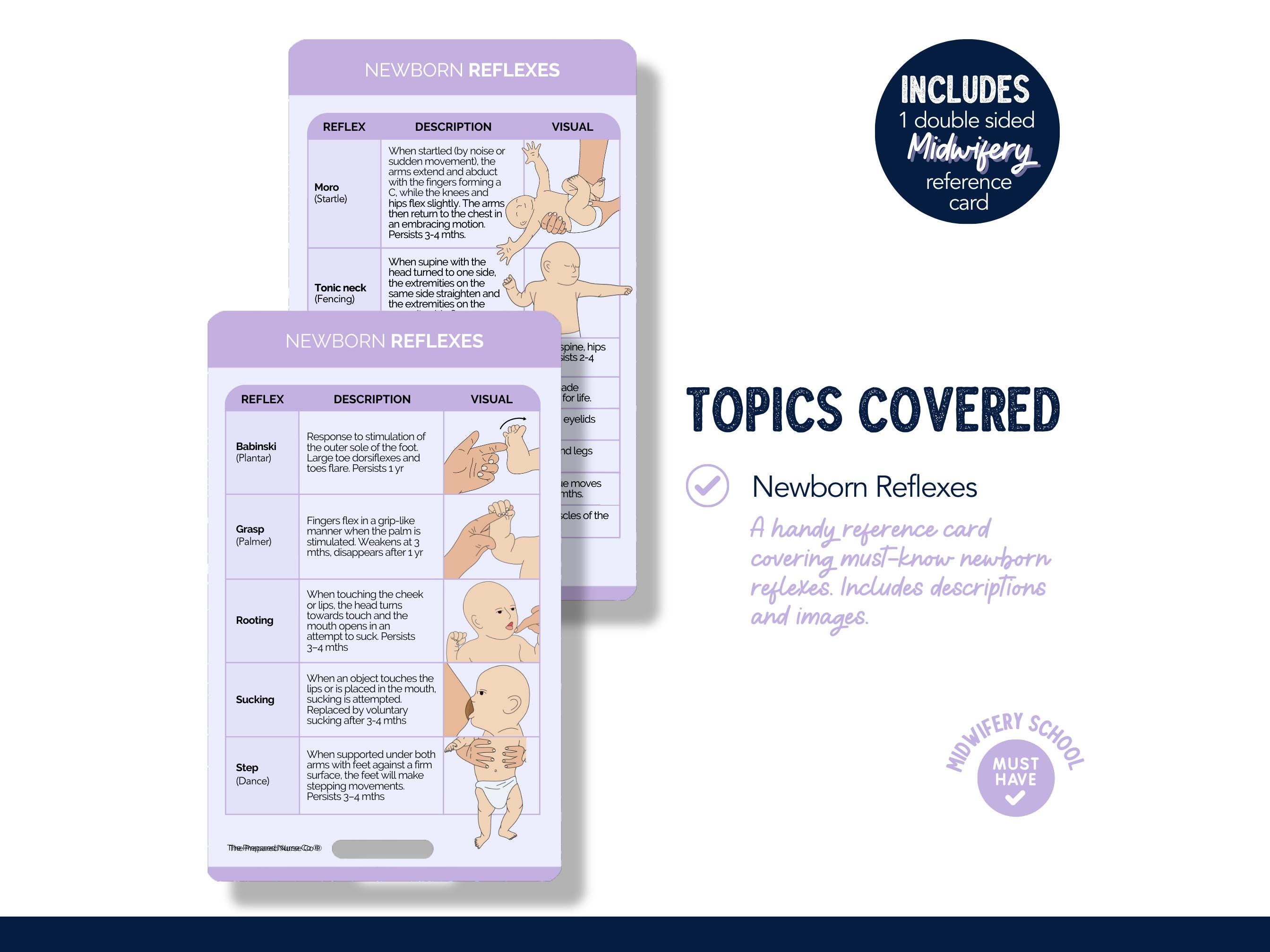 Newborn Reflexes, Midwifery Reference Card, Midwife Badge Card, Midwife ...