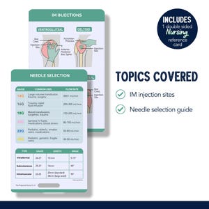 Needle Selection, IM Injection Sites, IV Cannula Chart, Nursing ...