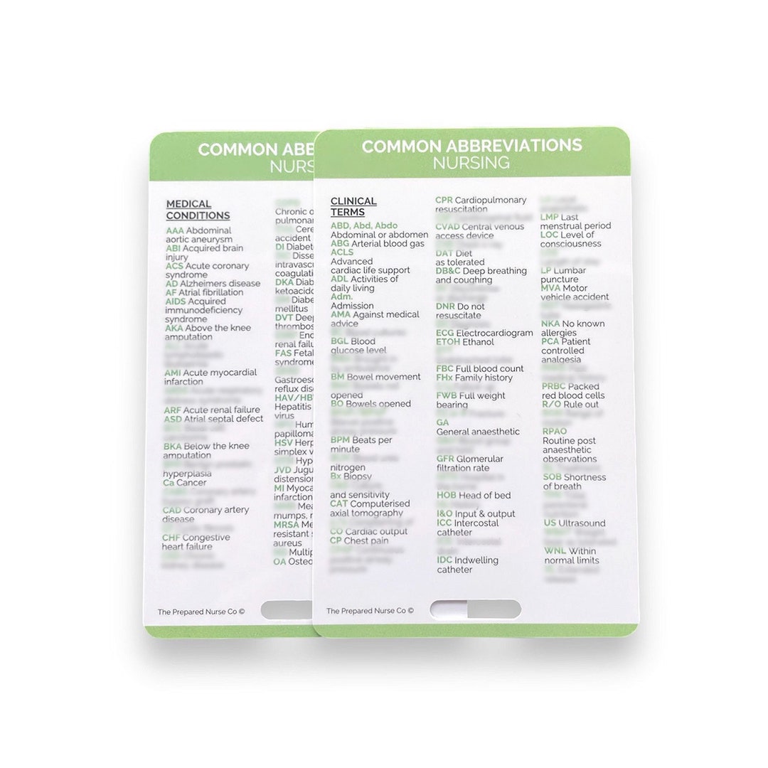 Medical Abbreviations Nursing Reference Card, Badge Card, Pocket Card ...