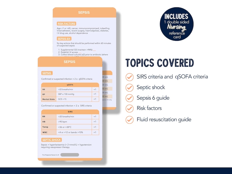 Sepsis Reference Card, Sepsis 6 Nursing Guide, SIRS Criteria, Qsofa Sepsis, Septic Shock Badge ...