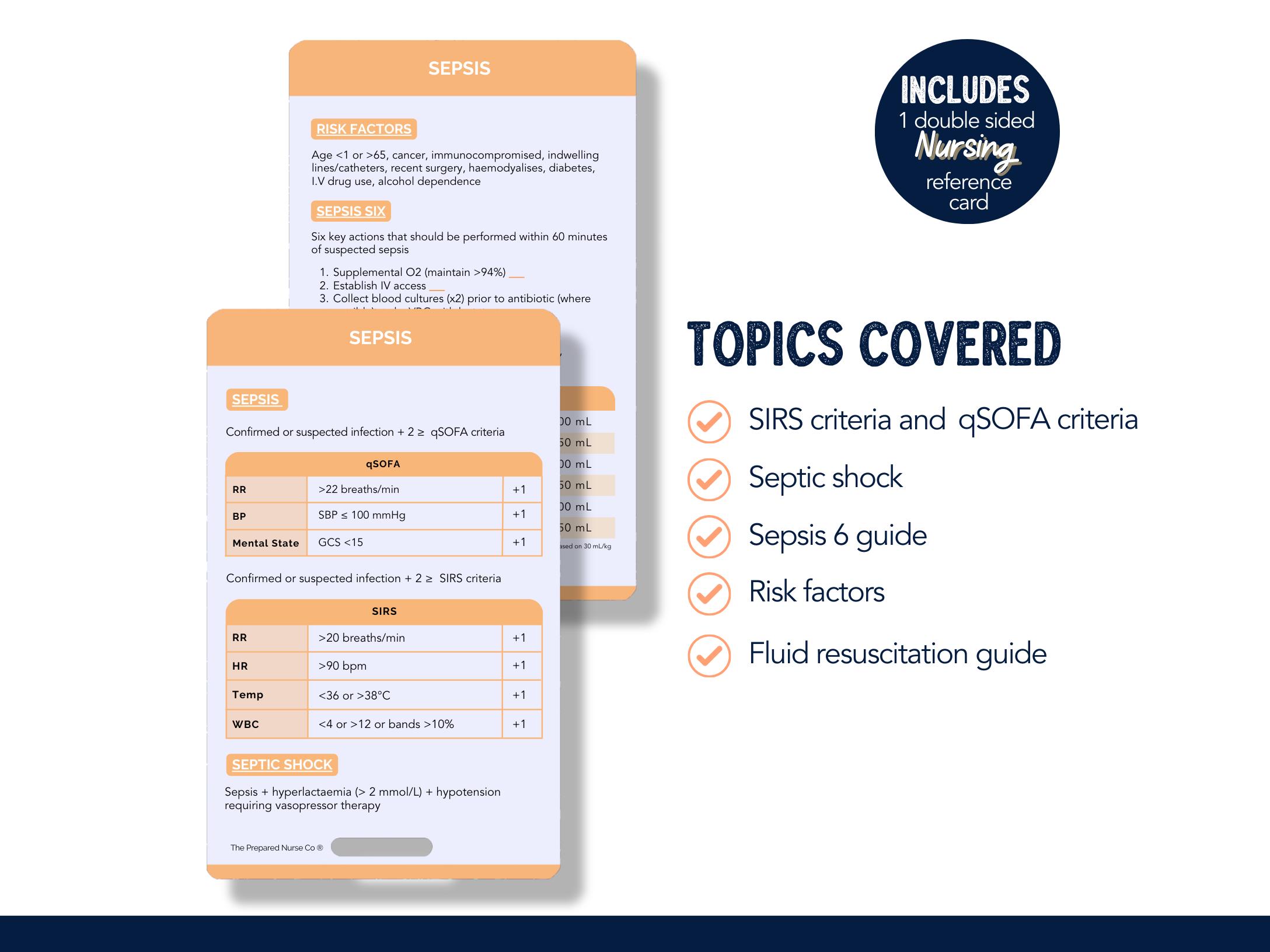 Sepsis Reference Card, Sepsis 6 Nursing Guide, SIRS Criteria, Qsofa ...
