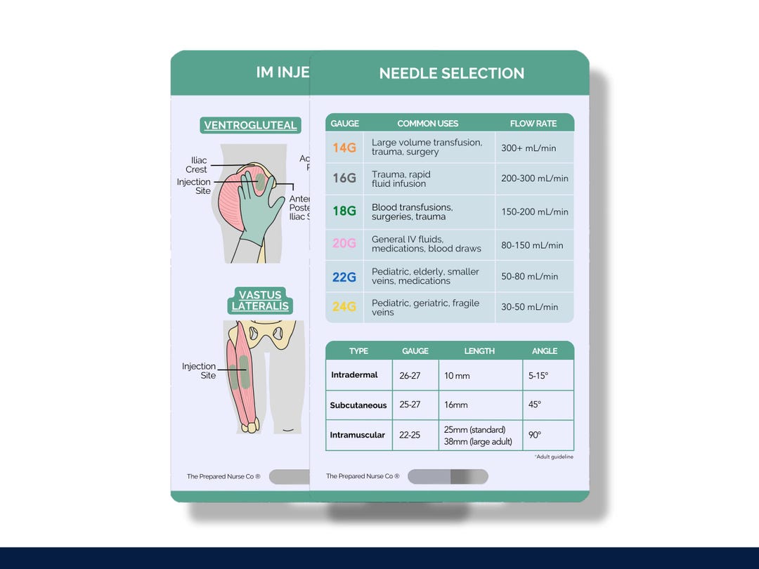 Needle Selection, IM Injection Sites, IV Cannula Chart, Nursing ...