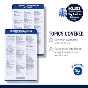 Medical Abbreviations Psychiatric Nurse Reference Card, Mental Health ...