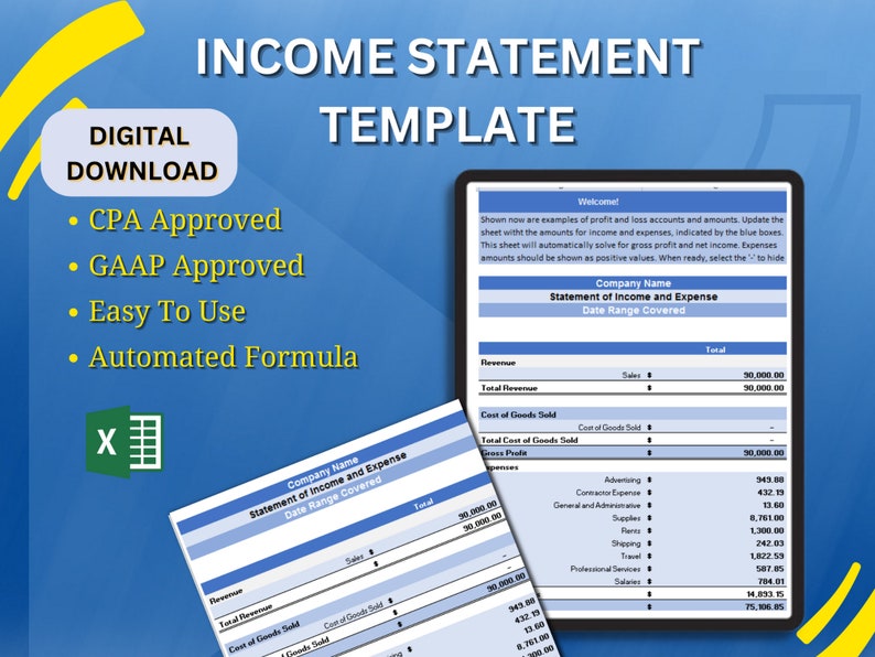 Income Statement Template -profit Loss, Income and Expense, Year End ...