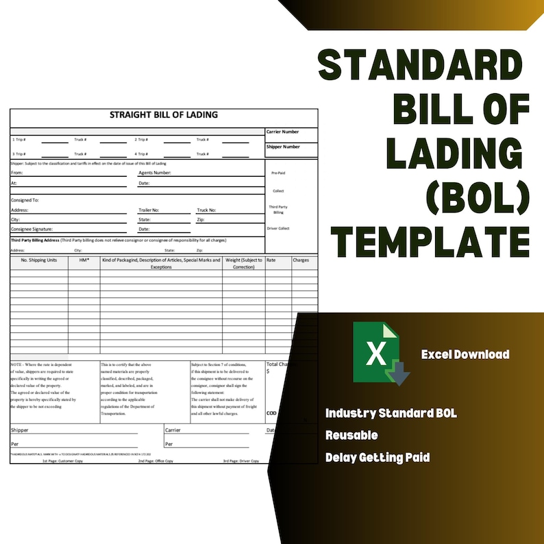 Standard Bill of Lading (BOL) Template - Reusable Excel Template - Etsy