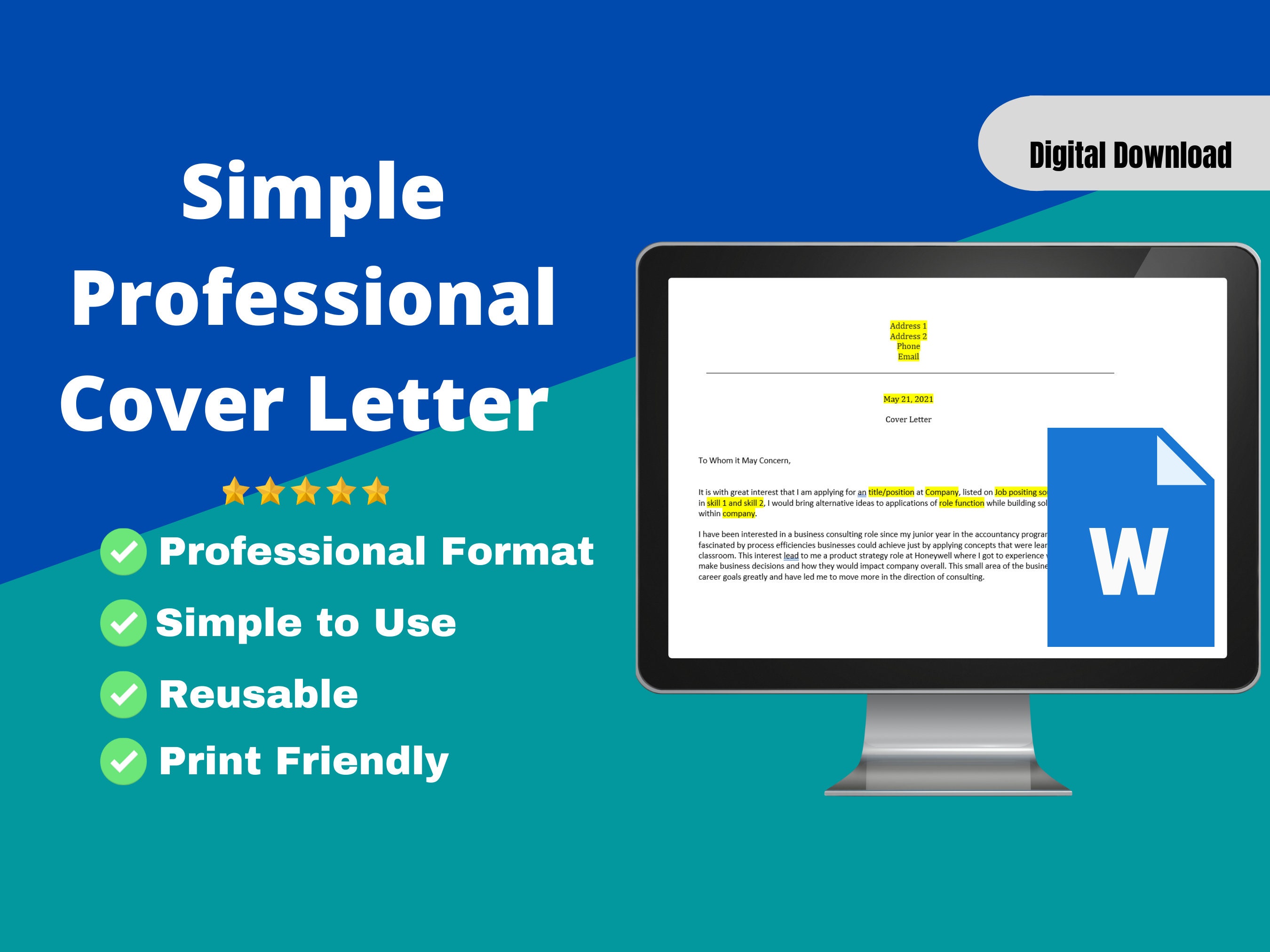 Simple Professional Cover Letter Template Word | Etsy