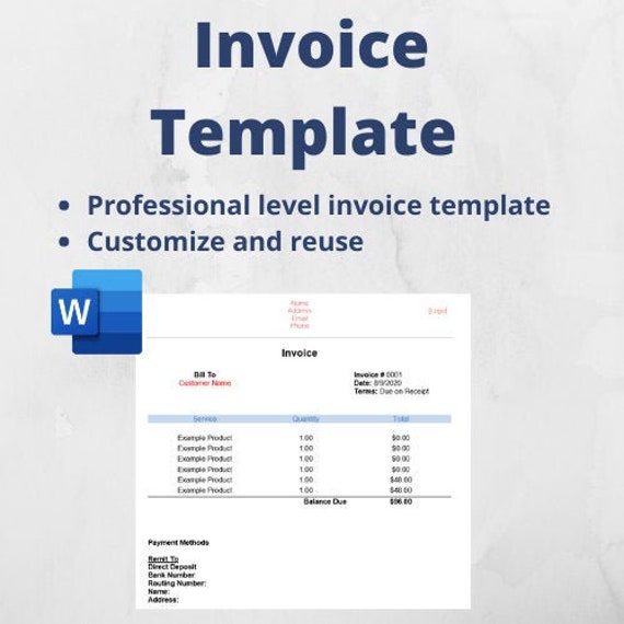 Invoice Template Reusable Word Template | Etsy