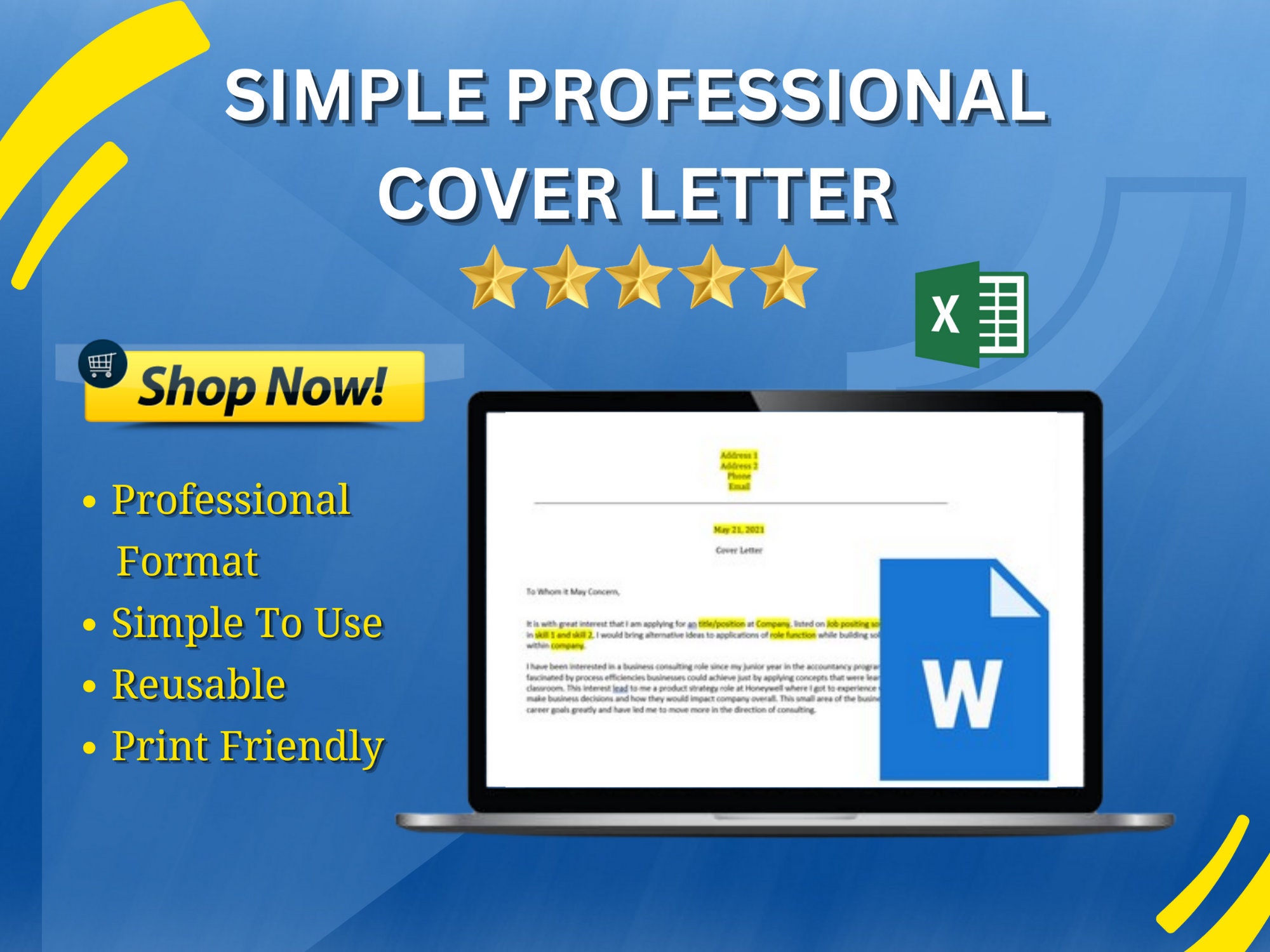 Simple Professional Cover Letter Template - Word - Etsy