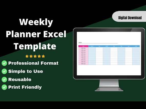 Weekly Planner Excel Template | Etsy