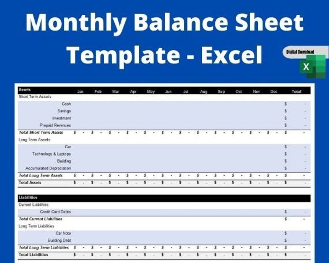 Monthly Balance Sheet Template Excel CPA and US GAAP | Etsy