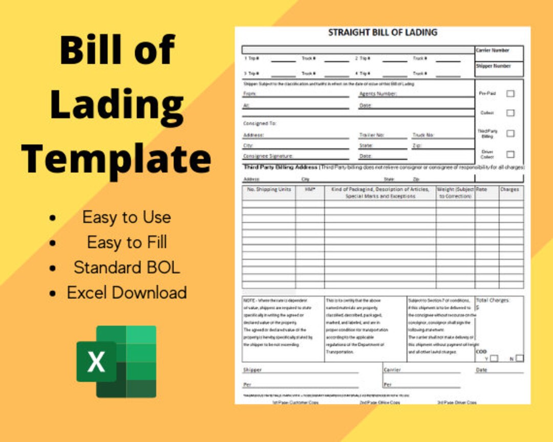 Standard Bill of Lading BOL Template Reusable Excel - Etsy