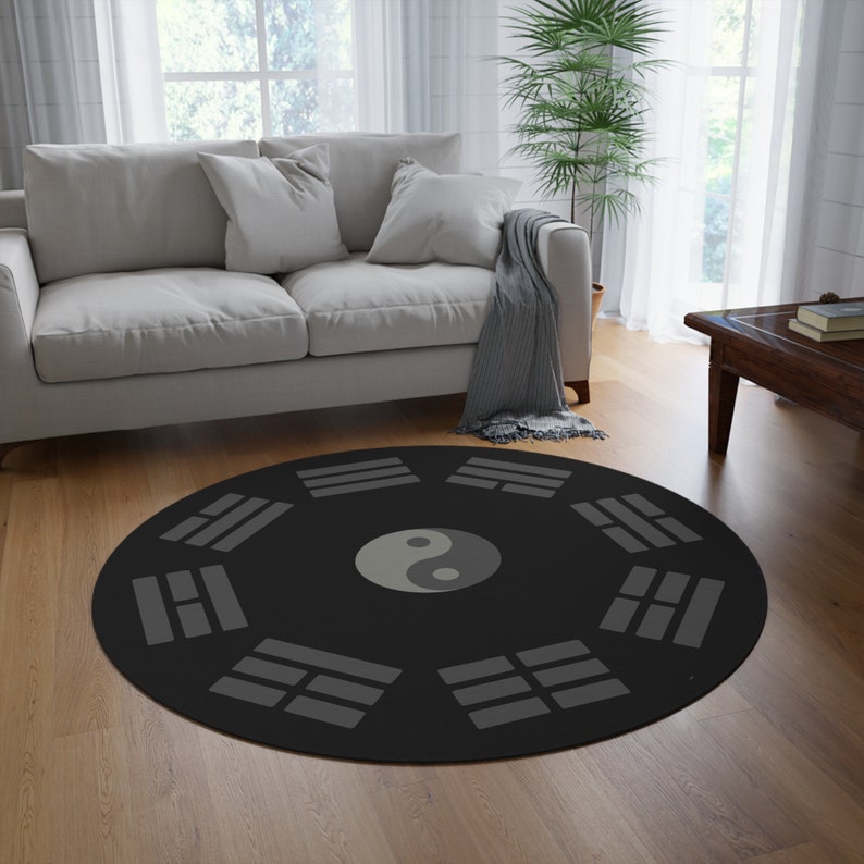 5 Ft Grey Yin Yang Bagua on Black Round Rug Good Feng Shui Decor or for ...