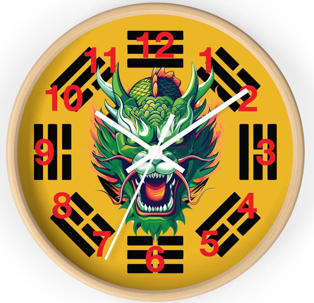 Chinese Dragon Head Wall Clock, Bagua Symbol Yellow Background, Red ...