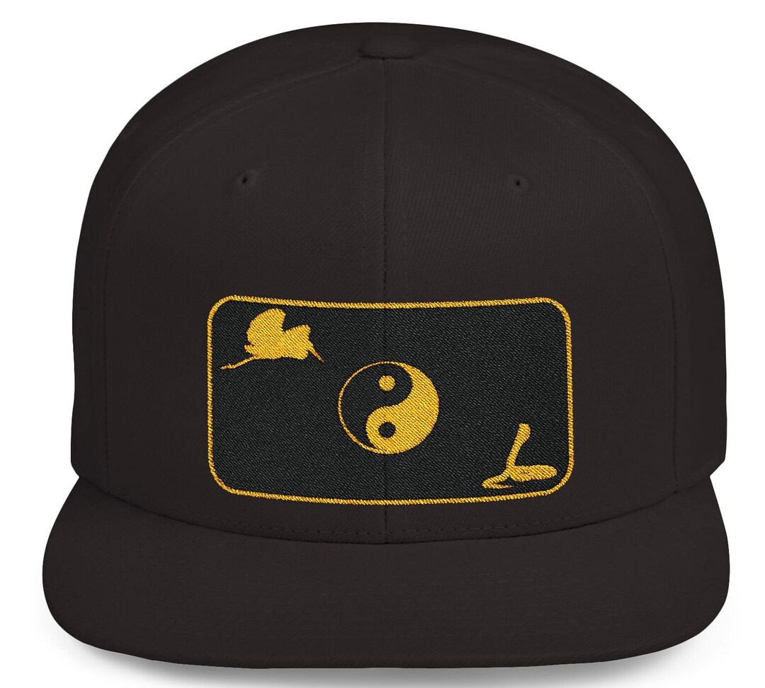 Yin Yang Hats Embroidered Black and Gold Flat Bill Snapback Snake Crane ...