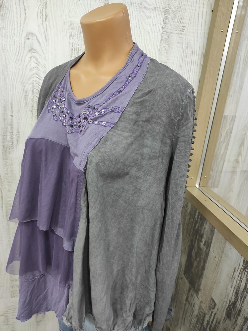 Gray Steamed Tunic and Purple Tulle, Free-falling, Flowing Style ...