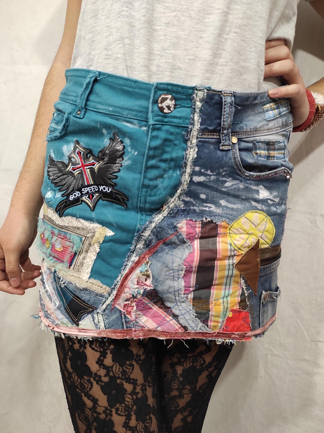 Mini Skirt, Boho, Chic, Recycled, Patchwork, Denim Skirt, Upgraded ...