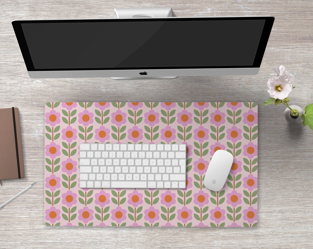 Retro Pink Floral Desk Mat Pink Office Decor Large Desk Mat Cute Floral ...