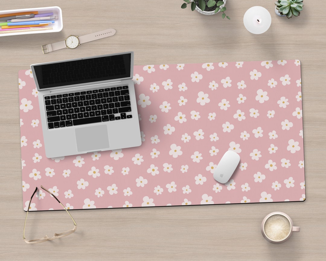 Flower Desk Mat Pink Cute Floral Print Aesthetic Gaming Mat Pink and ...