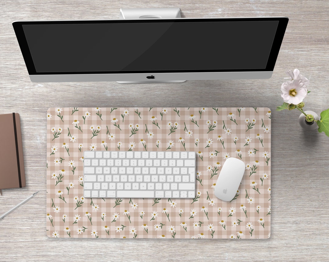 Beige Desk Mat Gingham and Daisy Large Mouse Pad Aesthetic Desk ...
