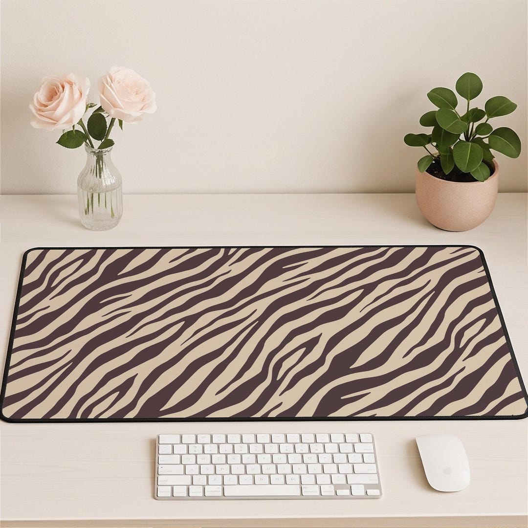 Beige Zebra Print Desk Mat, Brown Animal Print Mouse Pad, Large Modern ...