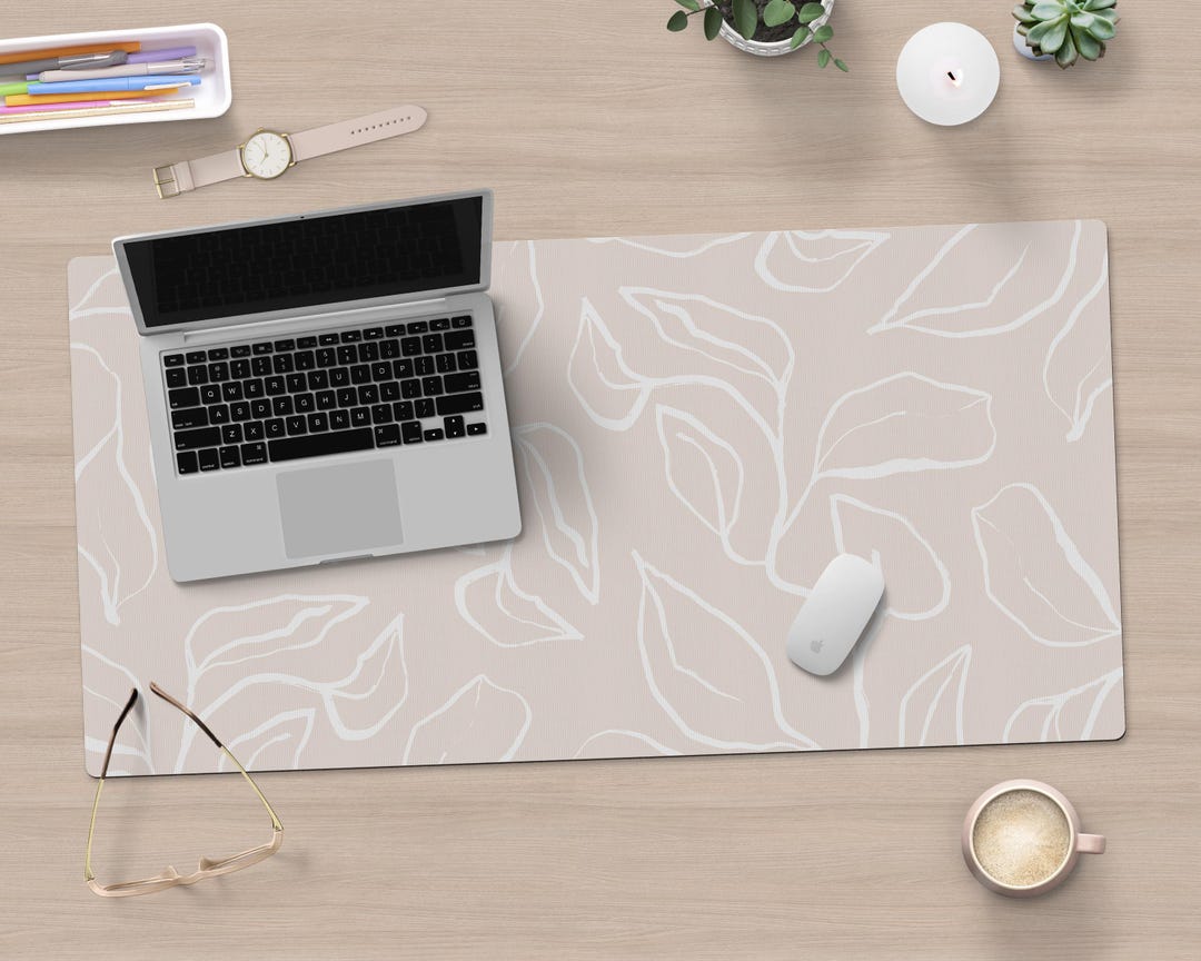 Beige Desk Mat Aesthetic Large Mousepad Neutral Leaf Illustration ...