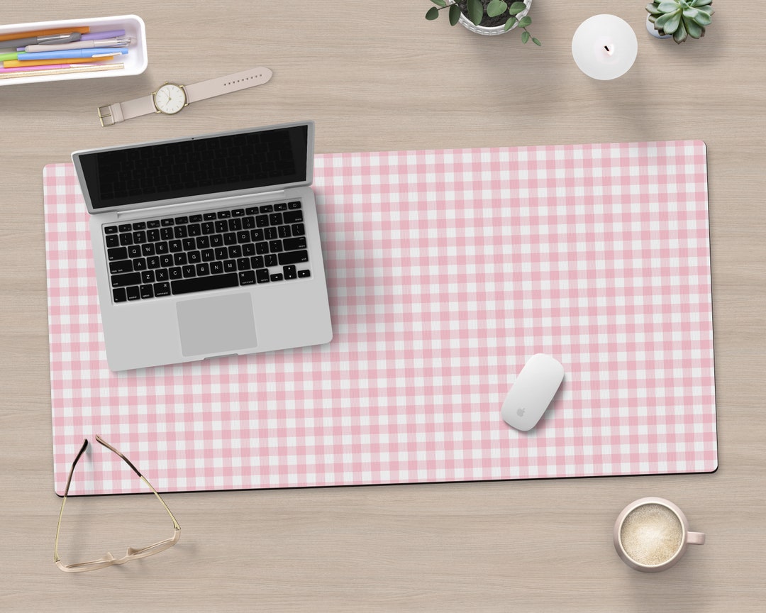 Pastel Pink Desk Mat Preppy Gingham Check Large Mouse Pad Coquette ...