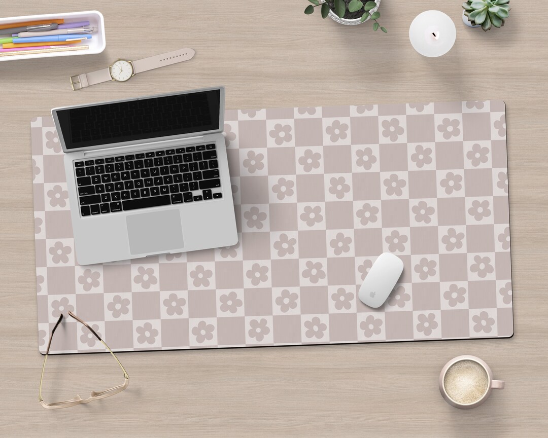 Cute Beige Desk Mat Y2k Aesthetic Checkered Floral Keyboard Mat ...