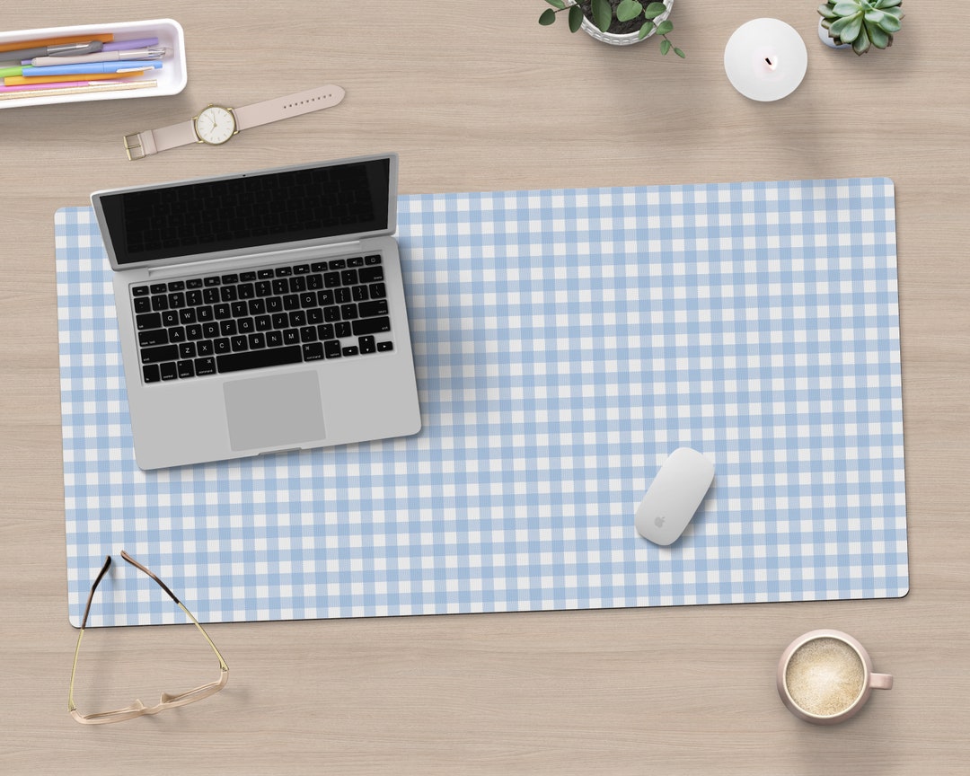 Blue Gingham Check Desk Mat Large Blue Mouse Pad Aesthetic Desk ...
