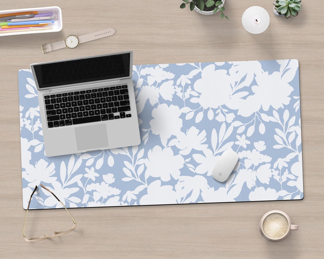 Floral Blue Desk Mat Minimalist Aesthetic Desk Decor Keyboard Mat ...