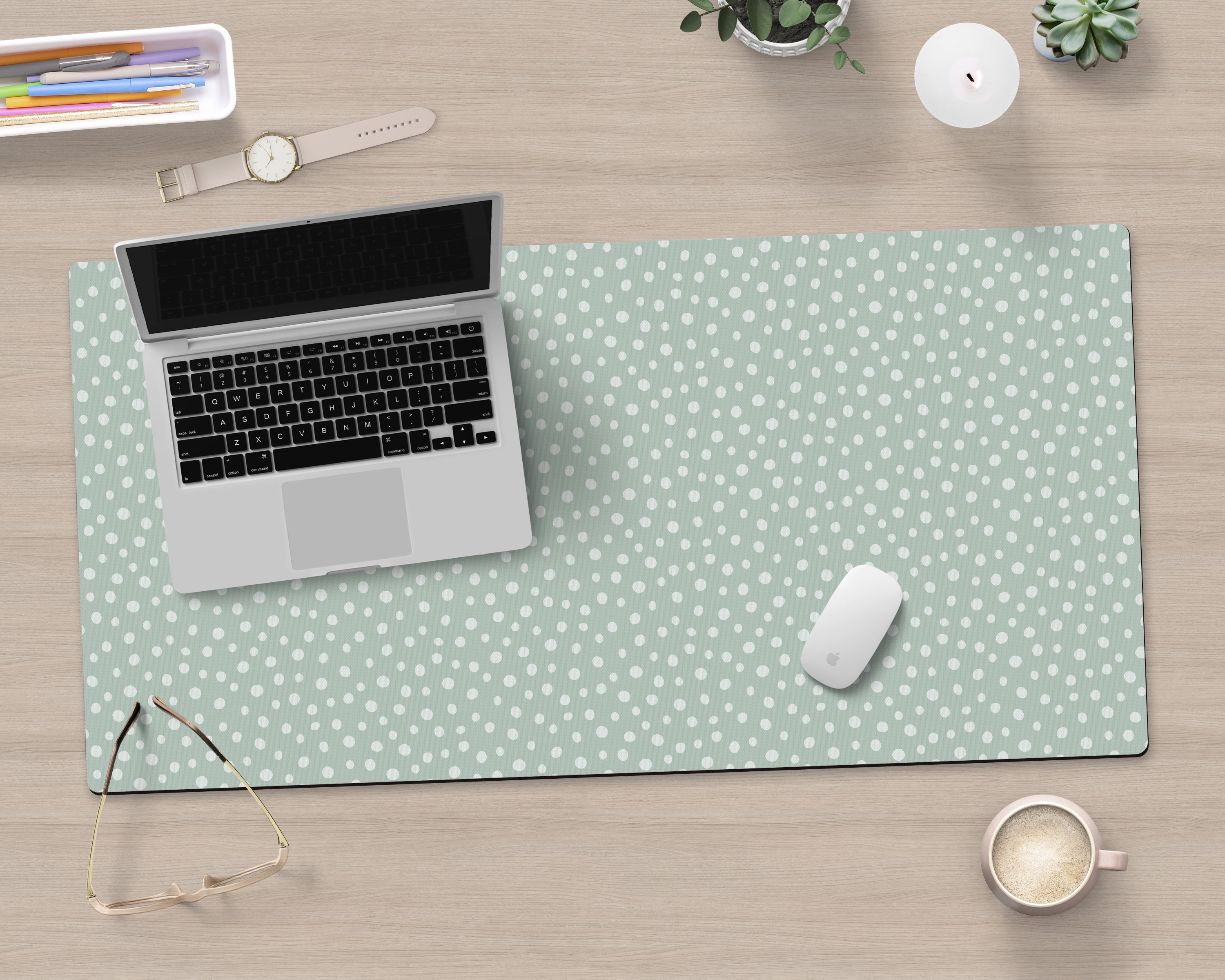 Green Desk Mat With White Polka Dots Unique Desk Decor Sage Green ...
