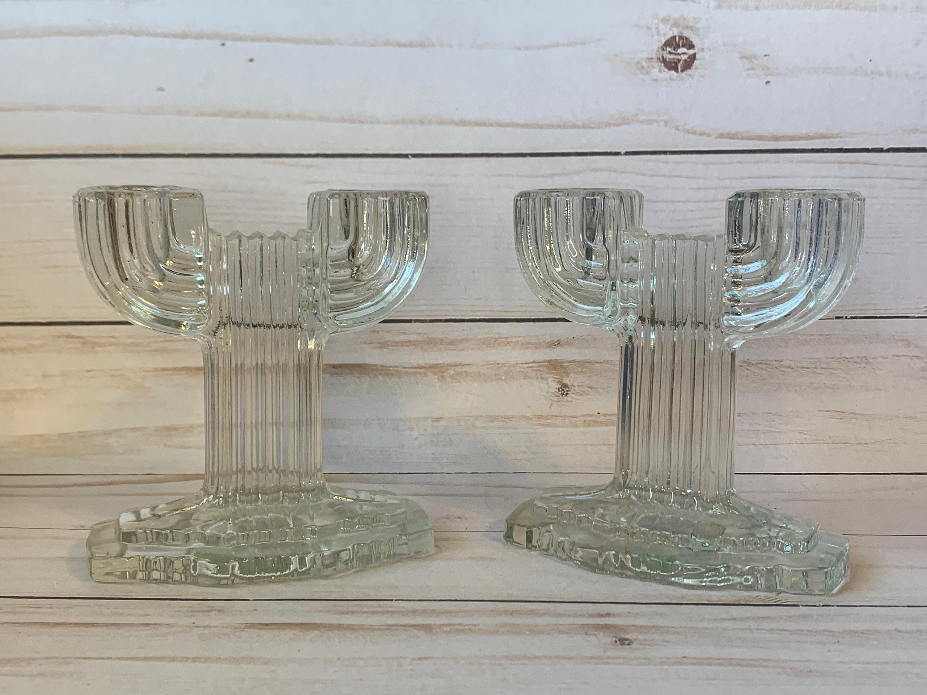 1930-1940’s Art Deco Style Depression Glass CANDLESTICK SET Queen Mary ...