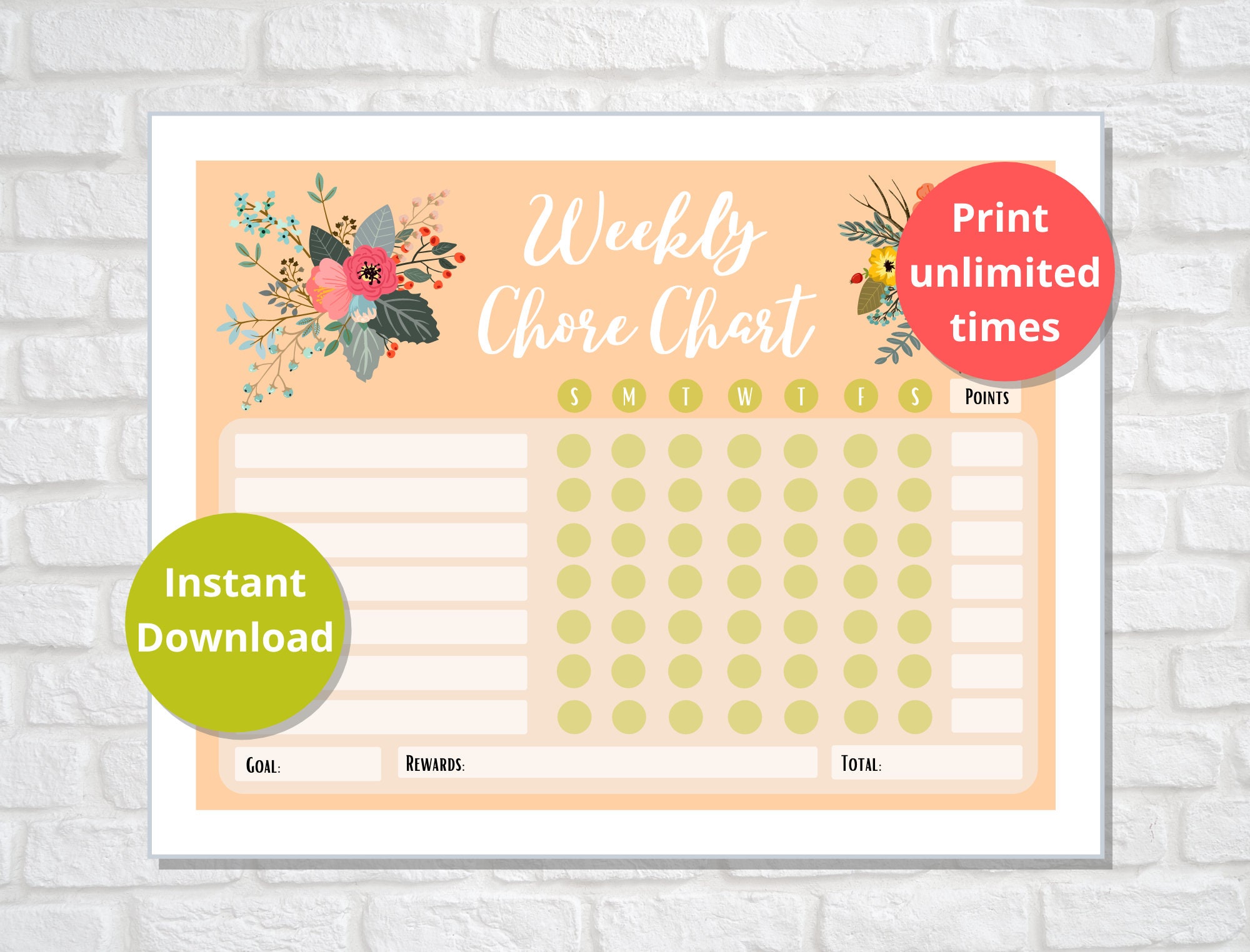 Basic Floral Chore Chart for Kids Children Point Rewards System Pink ...