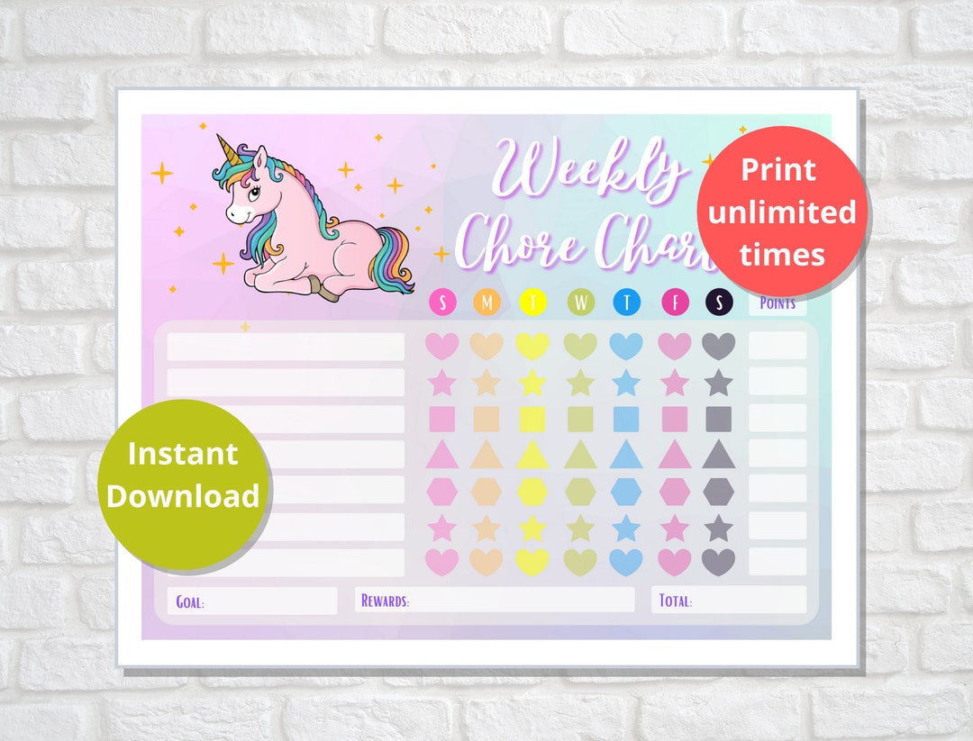 Basic Unicorn Rainbow Chore Chart for Kids Children Point Rewards ...