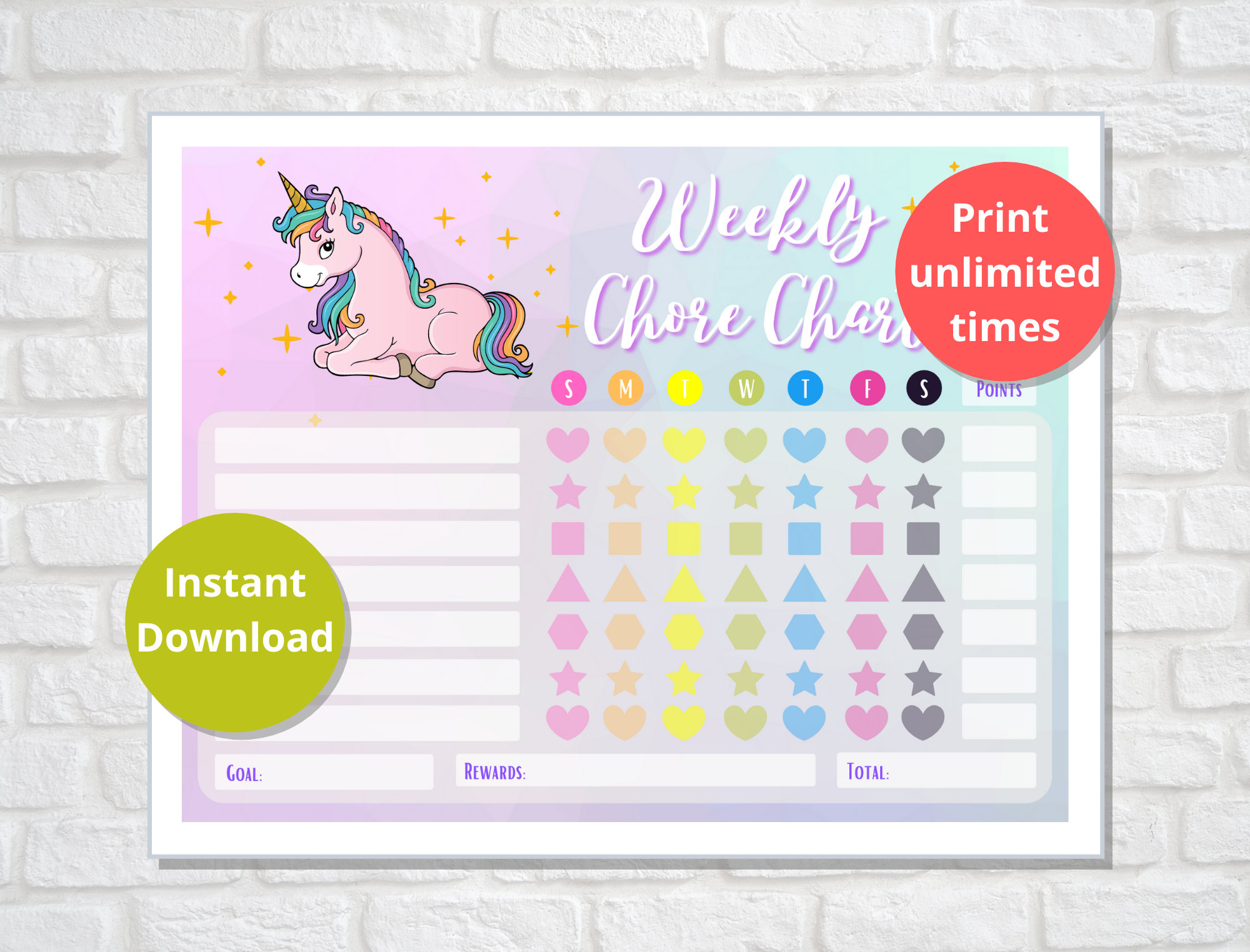 Basic Unicorn Rainbow Chore Chart for Kids Children Point Rewards ...