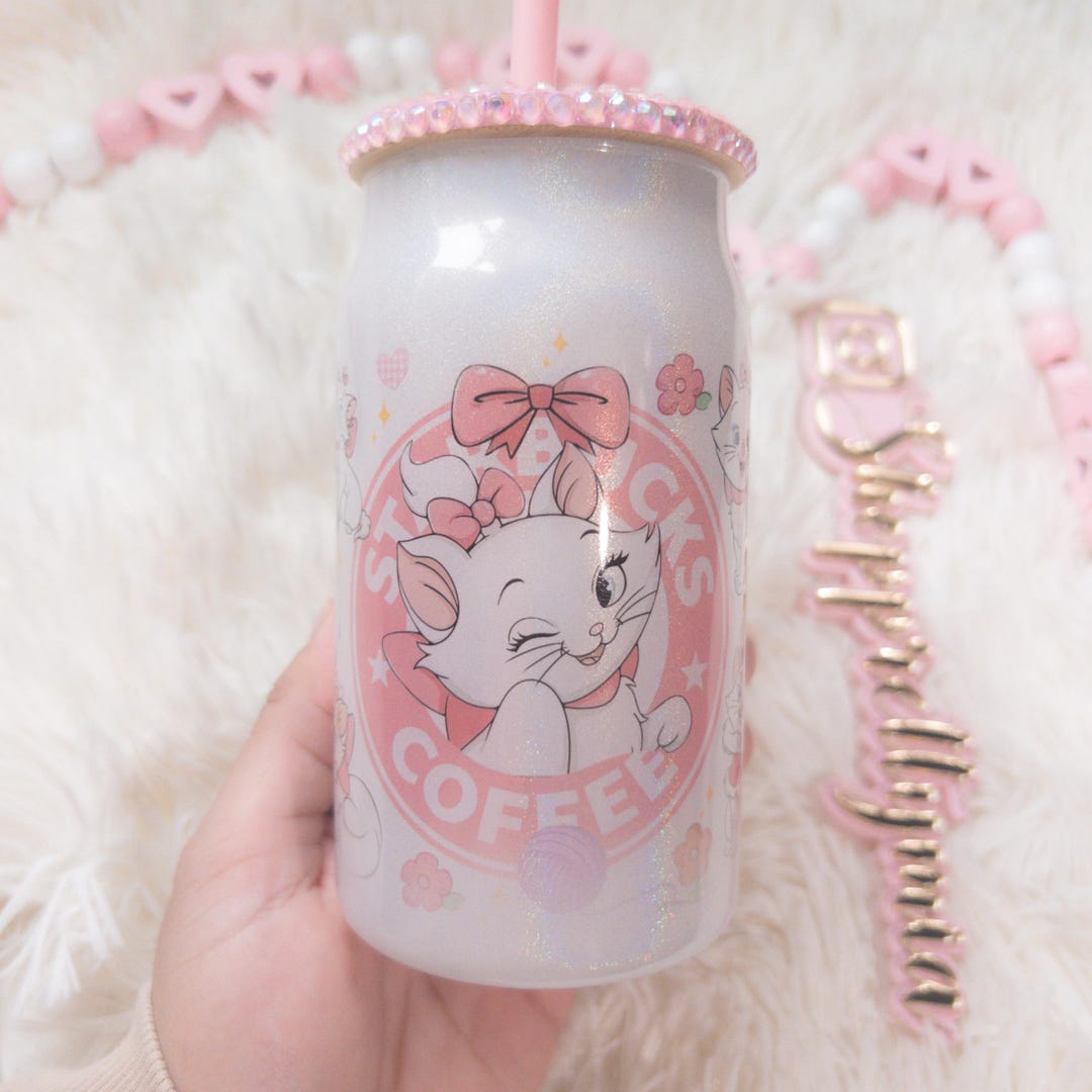 Marie Kitty Cup Cute Glass Cup Marie Aristocats Cup Pink Glass Cup Bling Lid - Etsy